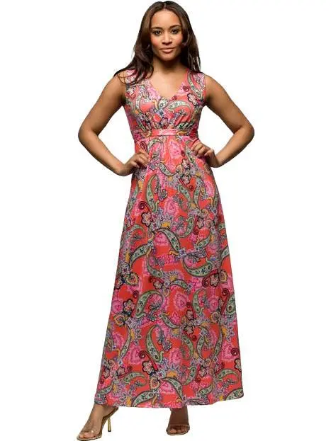 24SEVEN COMFORT APPAREL Paisley Print V-neck Empire Waist Maxi Dress - Pink Multi