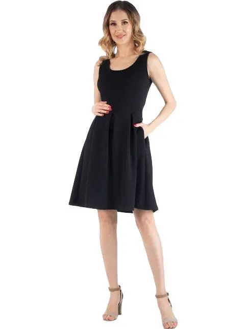 24SEVEN COMFORT APPAREL Maternity Sleeveless Pleated Dress With Pockets - Black