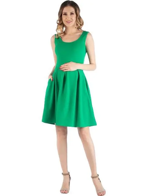 24SEVEN COMFORT APPAREL Maternity Sleeveless Pleated Dress With Pockets - Green