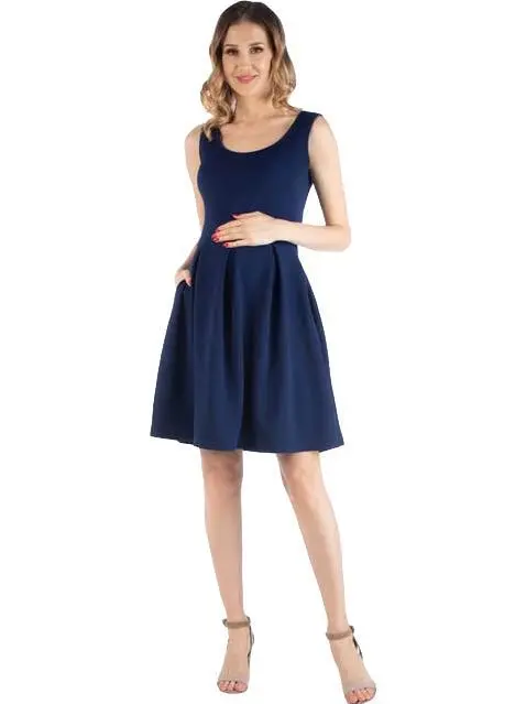 24SEVEN COMFORT APPAREL Maternity Sleeveless Pleated Dress With Pockets - Navy