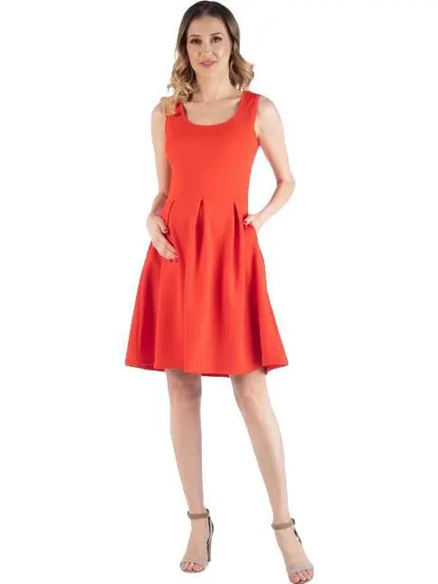 24SEVEN COMFORT APPAREL Maternity Sleeveless Pleated Dress With Pockets - Orange