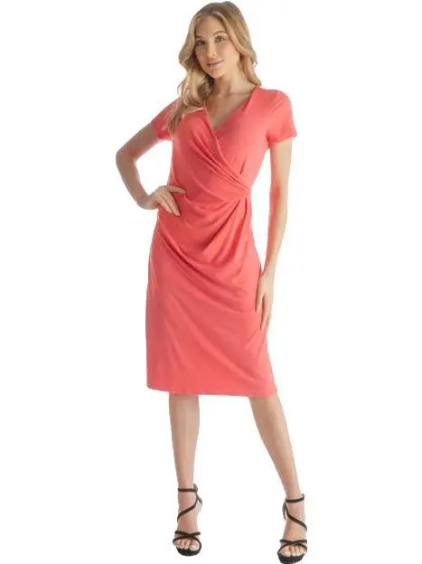 24SEVEN COMFORT APPAREL Short Sleeve Knee Length Faux Wrap Dress - Coral