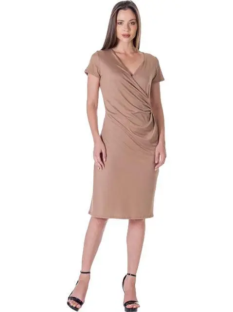 24SEVEN COMFORT APPAREL Short Sleeve Knee Length Faux Wrap Dress - Taupe