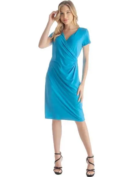 24SEVEN COMFORT APPAREL Short Sleeve Knee Length Faux Wrap Dress - Turq