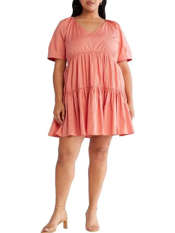 Nordstrom Tiered Cotton Poplin Minidress - Coral Apricot