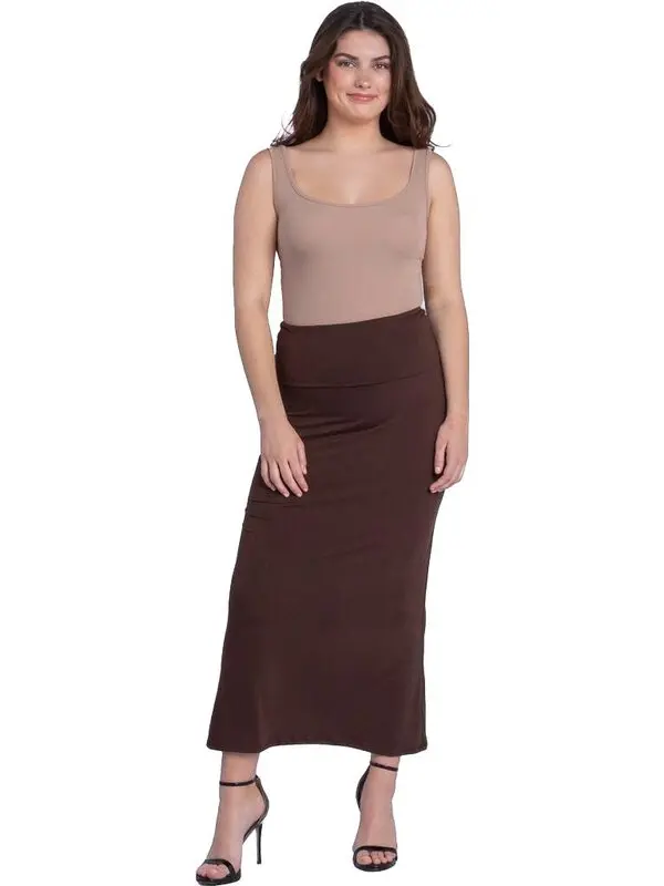 24SEVEN COMFORT APPAREL Foldover Waist Maxi Skirt - Brown