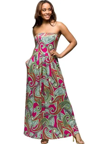 24SEVEN COMFORT APPAREL A-line Strapless Maxi Dress With Pockets - Green Multi