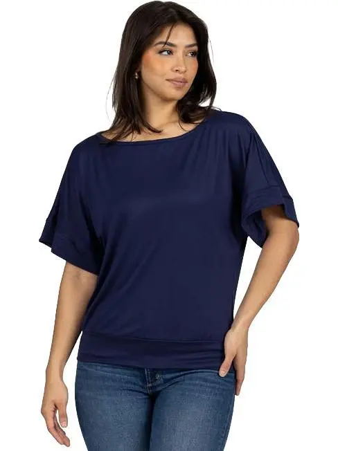 24SEVEN COMFORT APPAREL Loose Fit Dolman Top With Wide Sleeves - Navy