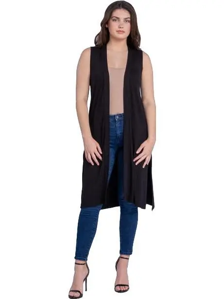 24SEVEN COMFORT APPAREL Sleeveless Long Cardigan Vest With Slit - Black