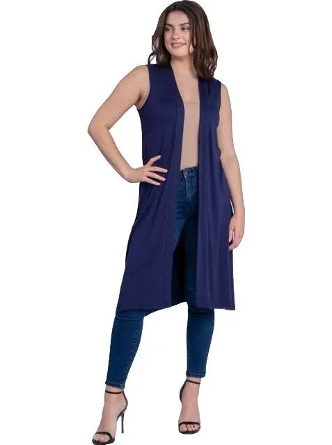24SEVEN COMFORT APPAREL Sleeveless Long Cardigan Vest With Slit - Navy