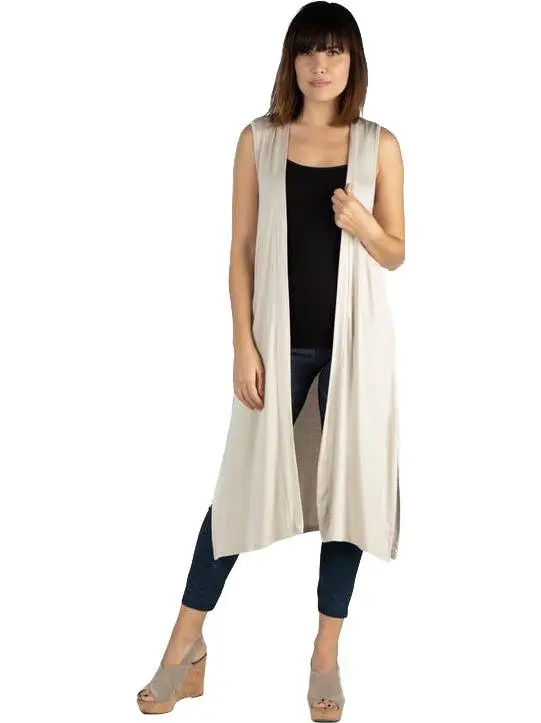 24SEVEN COMFORT APPAREL Sleeveless Long Cardigan Vest With Slit - Oatmeal
