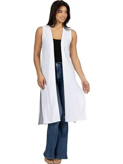 24SEVEN COMFORT APPAREL Sleeveless Long Cardigan Vest With Slit - White