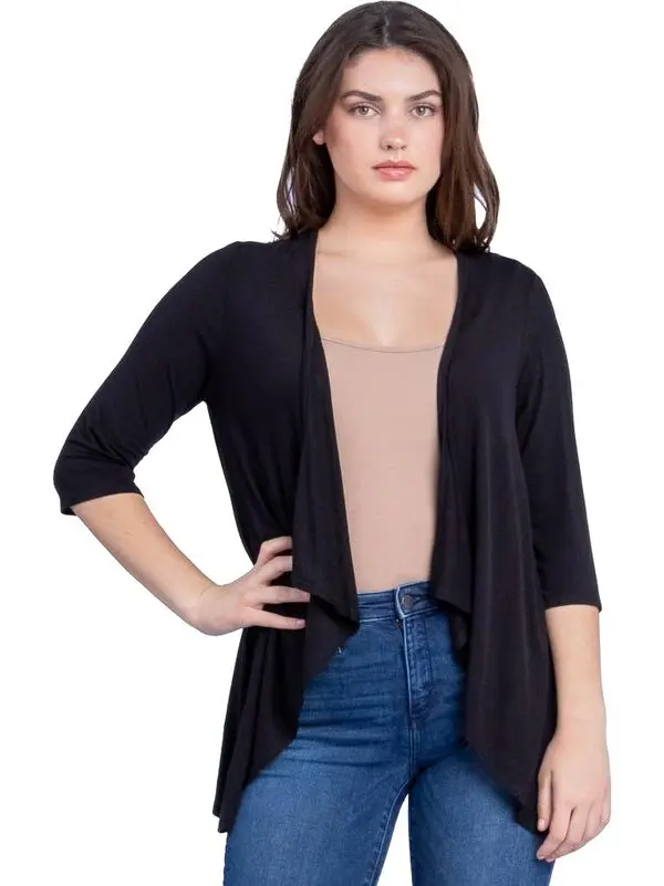24SEVEN COMFORT APPAREL Elbow Length Sleeve Open Front Cardigan - Black