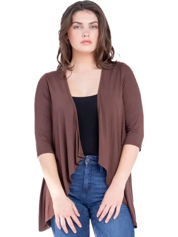 24SEVEN COMFORT APPAREL Elbow Length Sleeve Open Front Cardigan - Brown