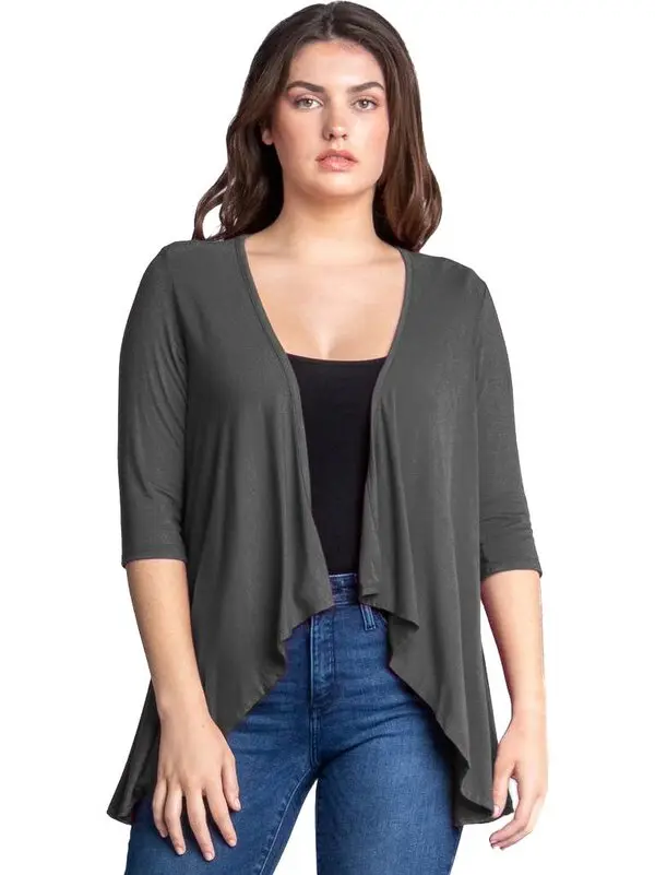 24SEVEN COMFORT APPAREL Elbow Length Sleeve Open Front Cardigan - Charcoal
