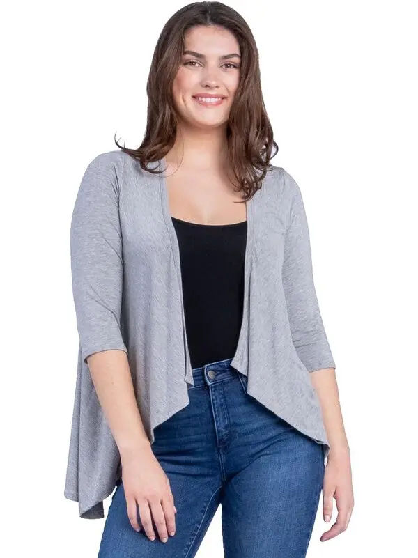 24SEVEN COMFORT APPAREL Elbow Length Sleeve Open Front Cardigan - Heather