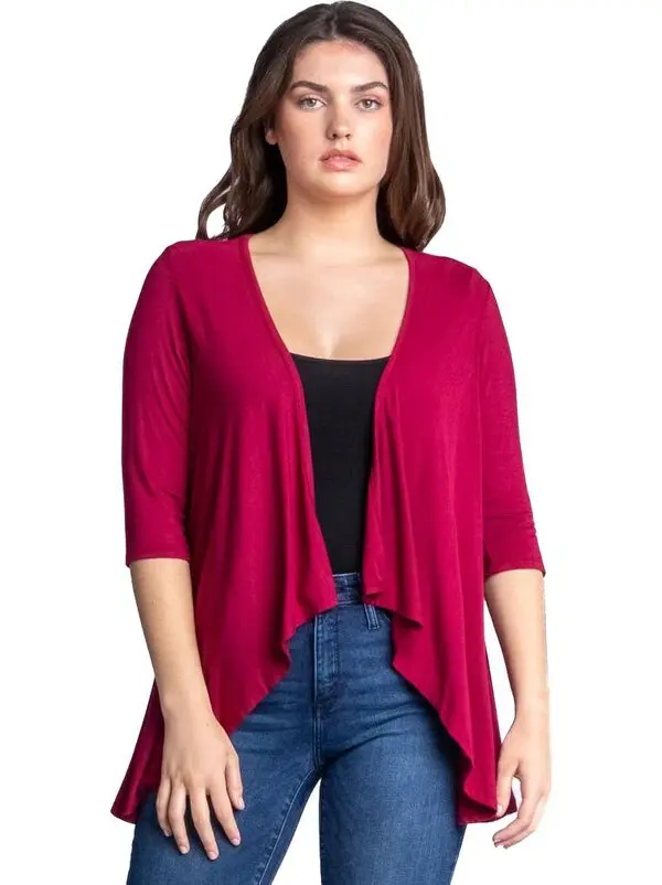 24SEVEN COMFORT APPAREL Elbow Length Sleeve Open Front Cardigan - Wine
