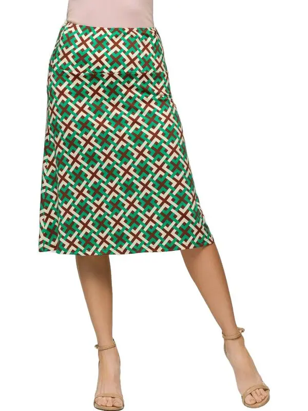 24SEVEN COMFORT APPAREL Geometric Print Elastic Waist Knee Length Skirt - Green Multi