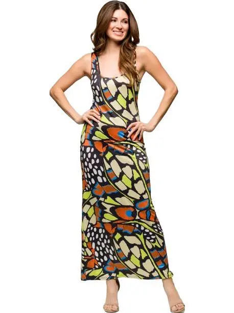 24SEVEN COMFORT APPAREL Butterfly Print Razorback Tank Maxi Dress - Orange Multi