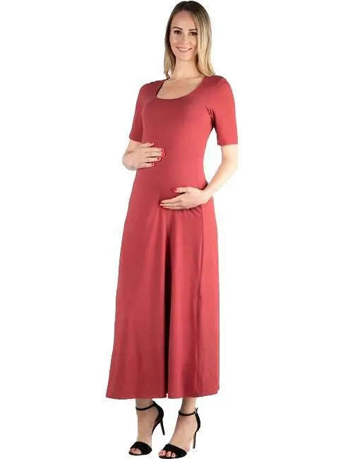 24SEVEN COMFORT APPAREL Maternity Maxi Dress With Sleeves - Brick