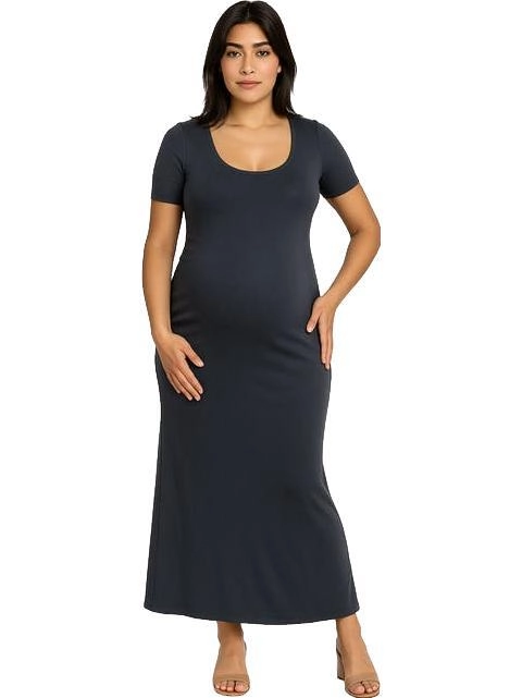 24SEVEN COMFORT APPAREL Maternity Maxi Dress With Sleeves - Charcoal