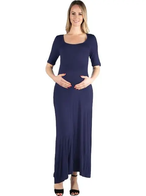 24SEVEN COMFORT APPAREL Maternity Maxi Dress With Sleeves - Navy