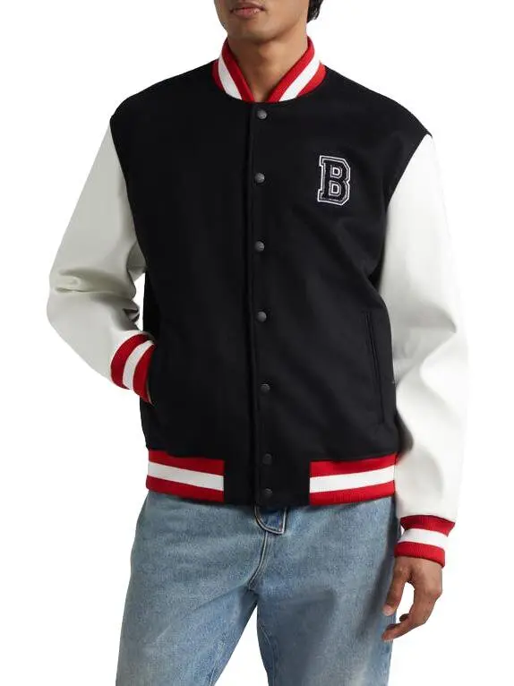 Balmain Logo Embellished Virgin Wool & Faux Leather Varsity Jacket - Ebe Black/ White/ Red