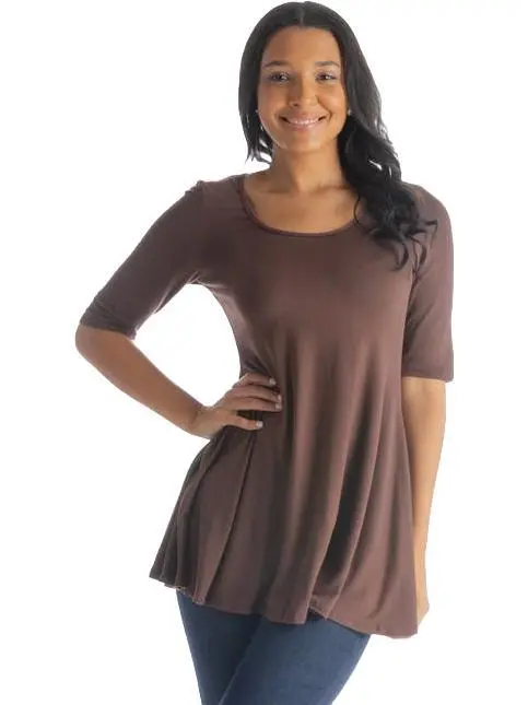 24SEVEN COMFORT APPAREL Elbow Sleeve Swing Tunic Top - Brown
