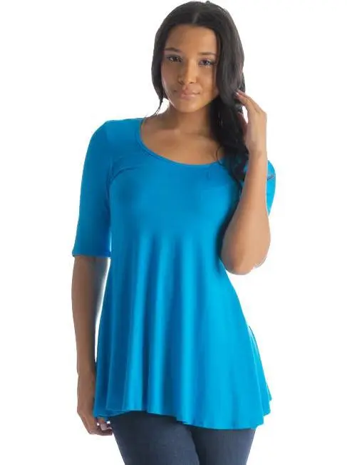 24SEVEN COMFORT APPAREL Elbow Sleeve Swing Tunic Top - Turq