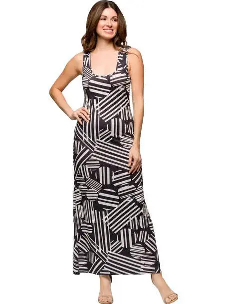 24SEVEN COMFORT APPAREL Razorback Tank Geometric Print Maxi Dress - Black Multi