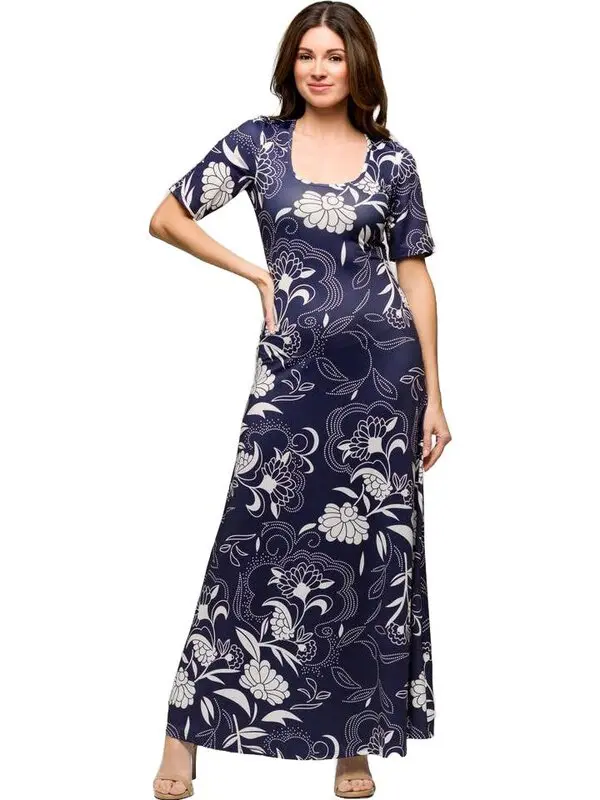 24SEVEN COMFORT APPAREL Floral Print Elbow Sleeve A-line Maxi Dress - Navy Multi