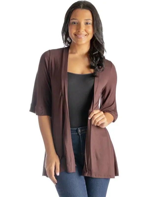 24SEVEN COMFORT APPAREL Open Front Elbow Length Sleeve Cardigan - Brown