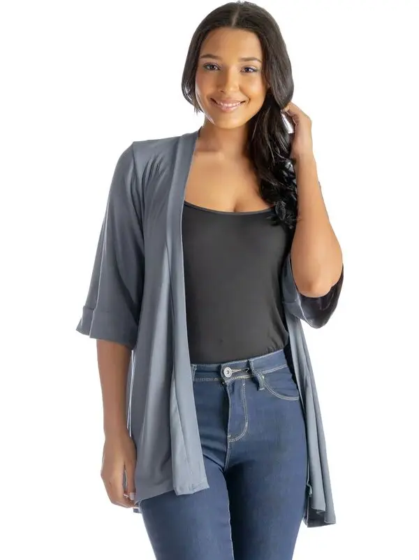 24SEVEN COMFORT APPAREL Open Front Elbow Length Sleeve Cardigan - Charcoal