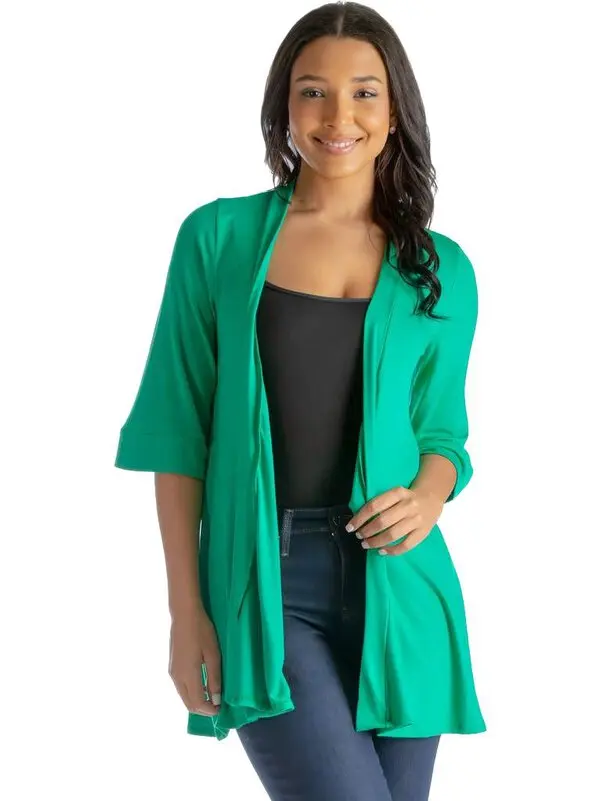 24SEVEN COMFORT APPAREL Open Front Elbow Length Sleeve Cardigan - Grass