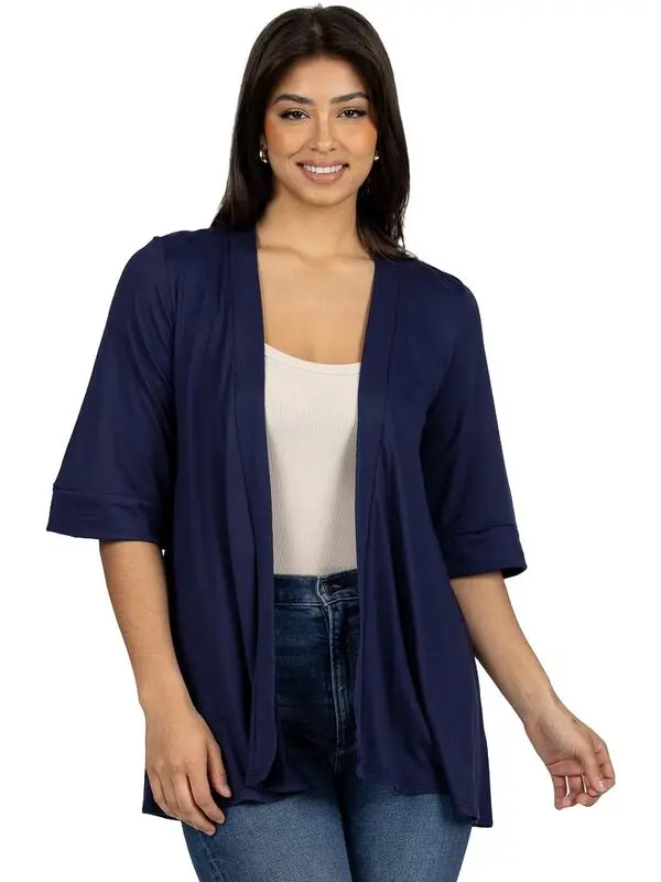 24SEVEN COMFORT APPAREL Open Front Elbow Length Sleeve Cardigan - Navy