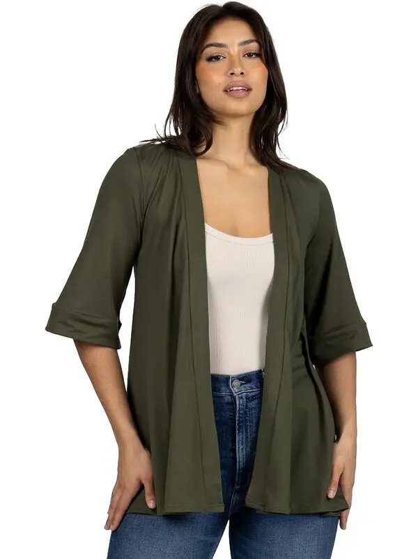24SEVEN COMFORT APPAREL Open Front Elbow Length Sleeve Cardigan - Olive
