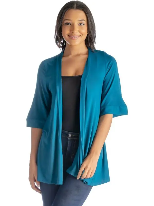 24SEVEN COMFORT APPAREL Open Front Elbow Length Sleeve Cardigan - Teal