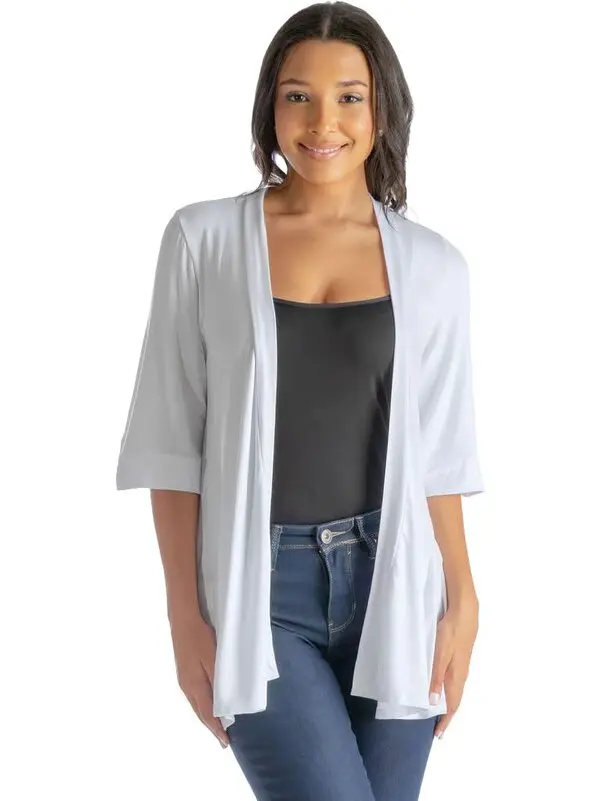 24SEVEN COMFORT APPAREL Open Front Elbow Length Sleeve Cardigan - White
