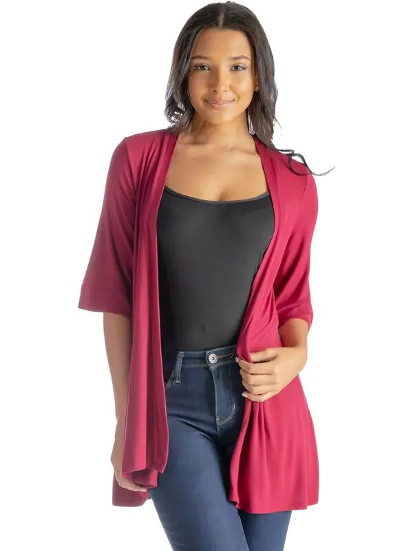 24SEVEN COMFORT APPAREL Open Front Elbow Length Sleeve Cardigan - Wine