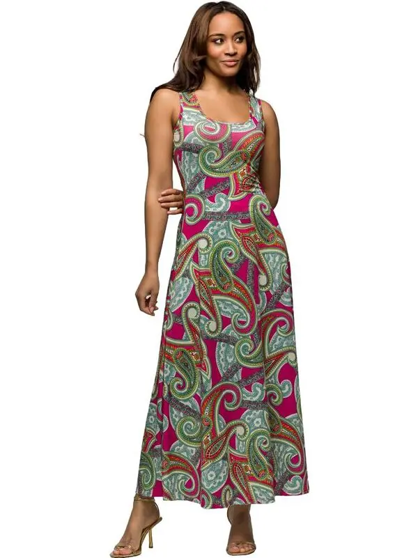 24SEVEN COMFORT APPAREL Paisley Print Scoop Neck A-line Maxi Dress - Pink Multi