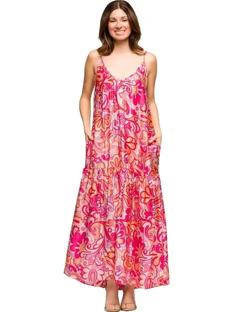 24SEVEN COMFORT APPAREL Printed Spaghetti Strap Maxi Dress With Pockets - Pink Multi