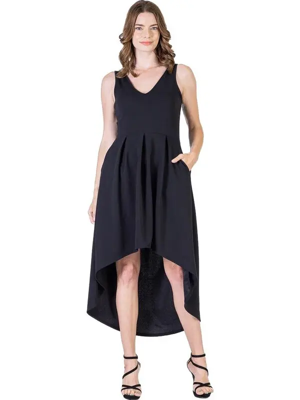 24SEVEN COMFORT APPAREL Fit & Flare High Low Dress - Black