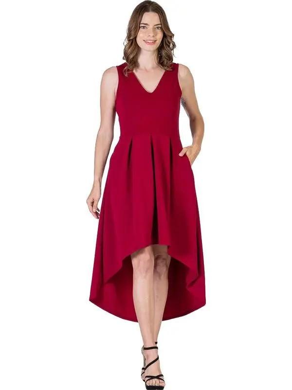 24SEVEN COMFORT APPAREL Fit & Flare High Low Dress - Burgundy