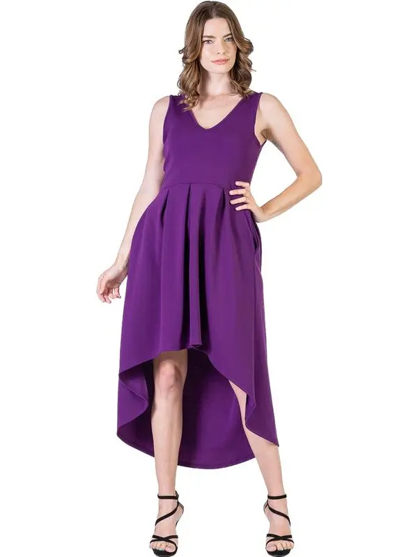 24SEVEN COMFORT APPAREL Fit & Flare High Low Dress - Purple