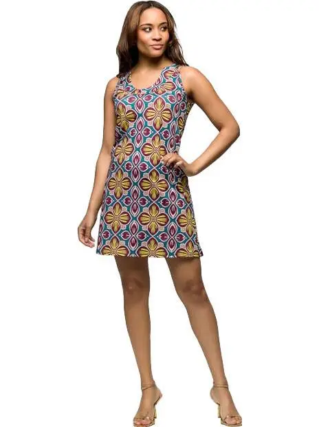 24SEVEN COMFORT APPAREL Floral Print Sleeveless Knee Length Shift Dress - Yellow Multi