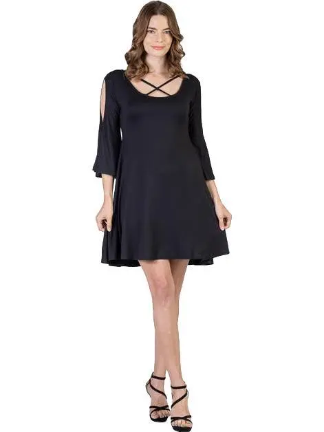24SEVEN COMFORT APPAREL Knee Length Cold Shoulder Dress - Black