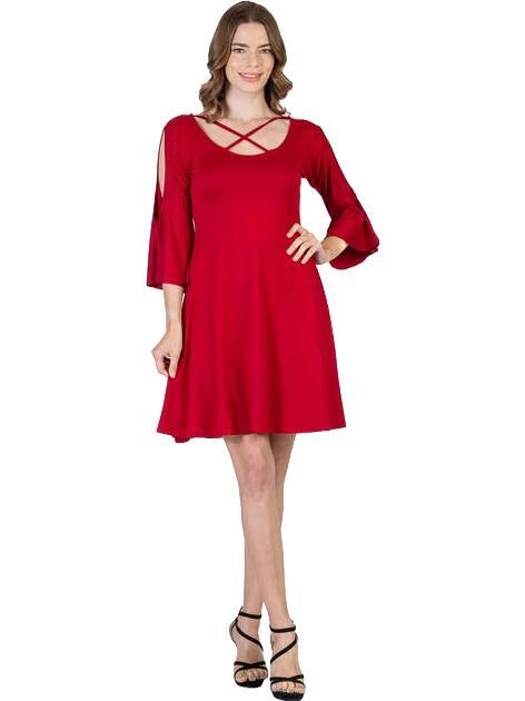 24SEVEN COMFORT APPAREL Knee Length Cold Shoulder Dress - Red