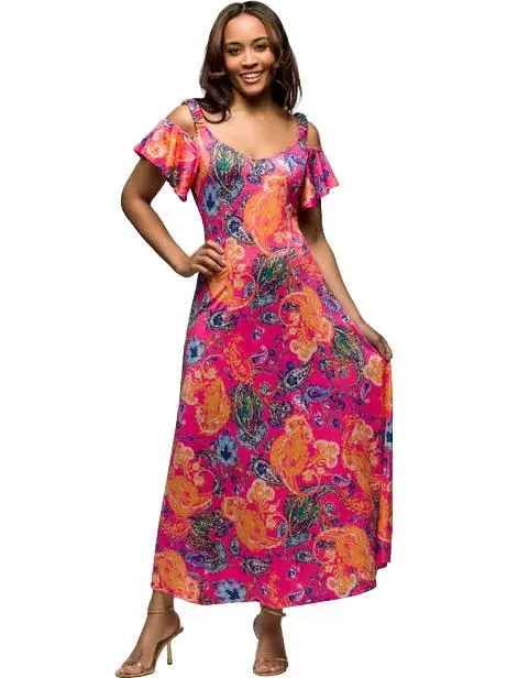 24SEVEN COMFORT APPAREL Paisley Cold Shoulder Ruffle Sleeve A-line Maxi Dress - Pink Multi