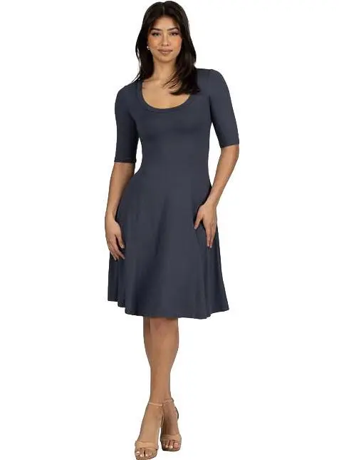24SEVEN COMFORT APPAREL A-line Knee Length Dress With Elbow Length Sleeves - Charcoal