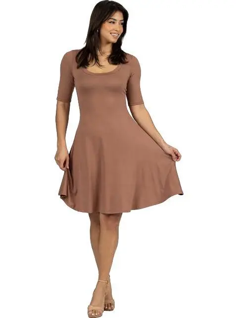 24SEVEN COMFORT APPAREL A-line Knee Length Dress With Elbow Length Sleeves - Mocha